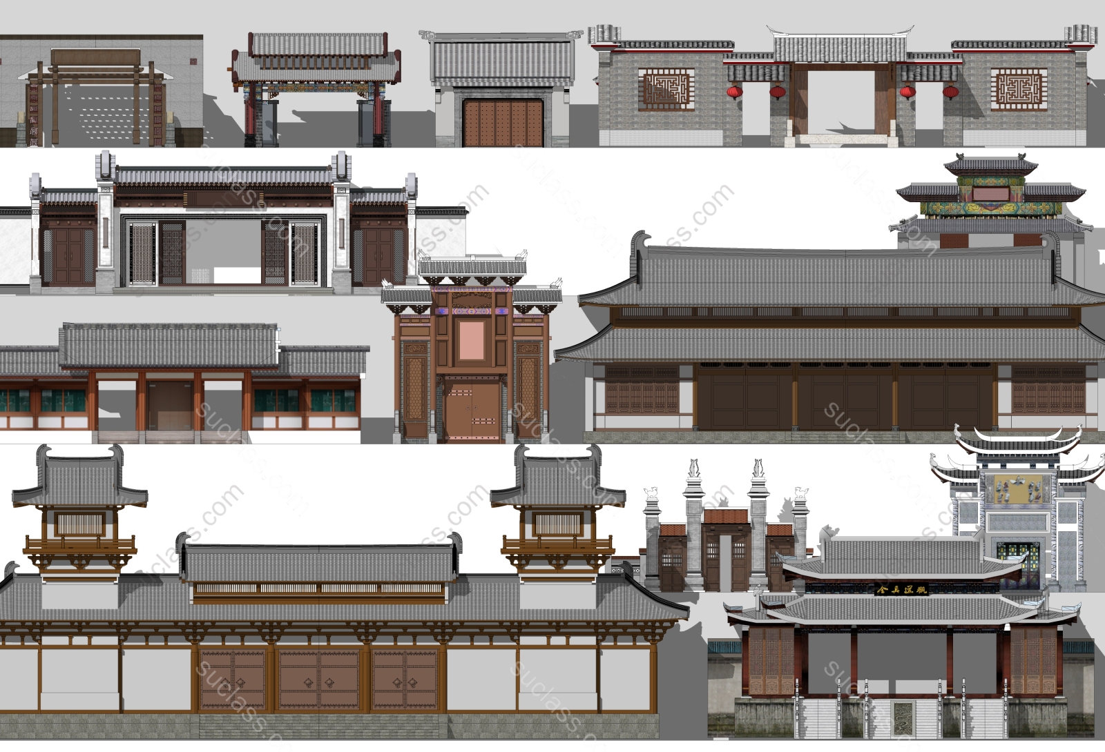 中式古建筑门房门卫庭院大门门头 ID:158966 八宝模型库 - PB3智能构件下载